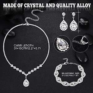 Jstyle Bridal Wedding Jewelry Set Silver Rhinestone Necklace Bracelet Dangle Earrings for Bride Bridesmaid Teardrop Pendants Crystal Prom Costume Jewelry Accessories for Women (3 piece set) A
