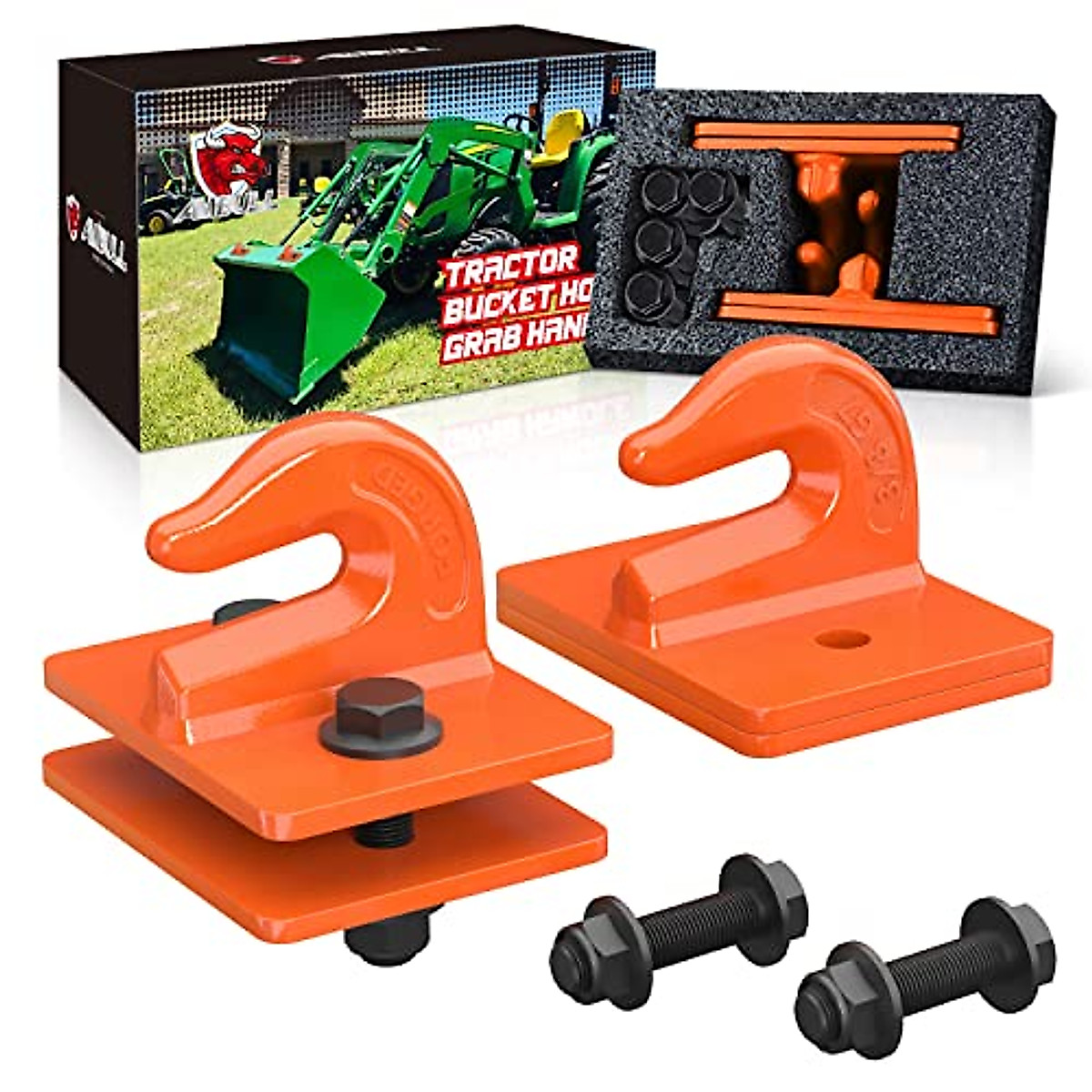 AMBULL 2 Pack 3/8" Tractor Bucket Grab Hook Grade 70 Forged Steel Bolt On Grab Hook Tow Hook Mount with Backer Plate,Work Well for Tractor Bucket, RV, UTV,Truck, Max 15,000 lbs, Orange