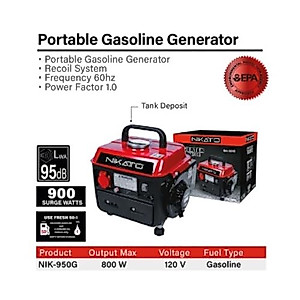 NIKATTO Portable Gasoline Generator, Output Max 800 W, 900 Surge Watts, Voltage 120 V, Recoil System. (USA STOCK)