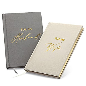 MUUJEE for My Husband and for My Wife Vow Books (Set of 2) - Grey and Ivory Gold Foil Embossed Vows Book Journal for Wedding Ceremony Vow Renewal Valentines Day Gift for Husband Wife