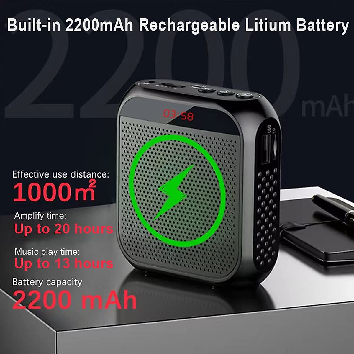 Portable Voice Amplifier for Teachers, 2200mAh Rechargeable Personal Amplifier Mic PA System Headset Microphone with Speaker for Teachers, Training, Meeting, Tour Guide, Yoga, Classroom (Black)