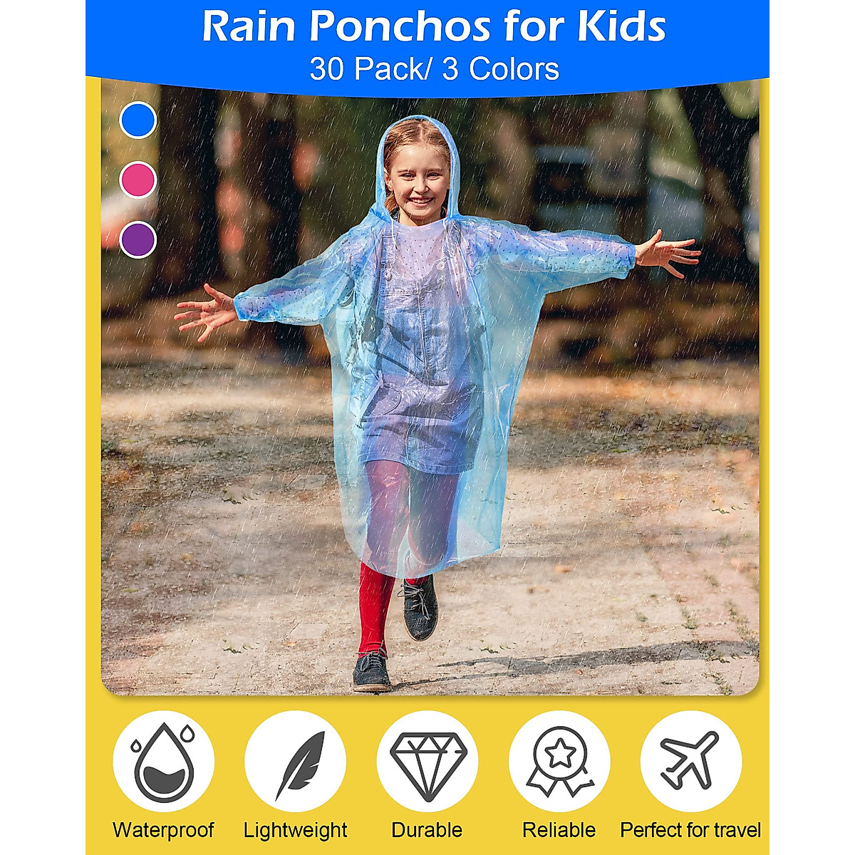 30 Pcs Kids Rain Ponchos Bulk Disposable Rain Ponchos for Kids Emergency Ponchos Disposable Ponchos Pack (Pink, Purple, Blue)