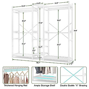 Hoiplu Bamboo Closet System Clothing Rack for Hanging Clothes, Large Garment Rack with Shelves and 5 Rods, 70”W x 77”H Heavy Duty Freestanding Clothes Rack Organizer for Wall-in Closet Bedroom, White