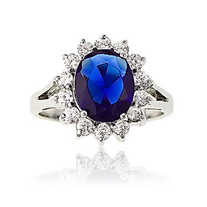 Sterling Silver Oval Blue Sapphire and CZ Princess Diana/Kate Middleton Ring