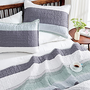 Andency Stripe Quilt Set Twin(68x86Inch), 2 Pieces (1 Striped Quilt and 1 Pillowcase) Mint Green Patchwork Striped Bedspread Coverlet Set, Soft Microfiber Stitched Quilt Bedding Set