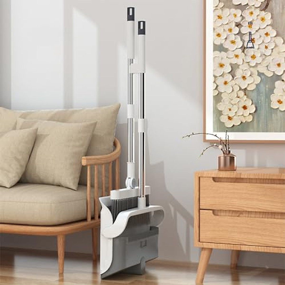 Broom with Dustpan Combo Set Brooms and Dustpan SetDouble-Layer Scraper Foldable Dustpan Non-Stick Hair Dustpan Sweeping Brooms 180-degree Rotatable Vertical Storage Broom Set Dust Pan and Broom Set