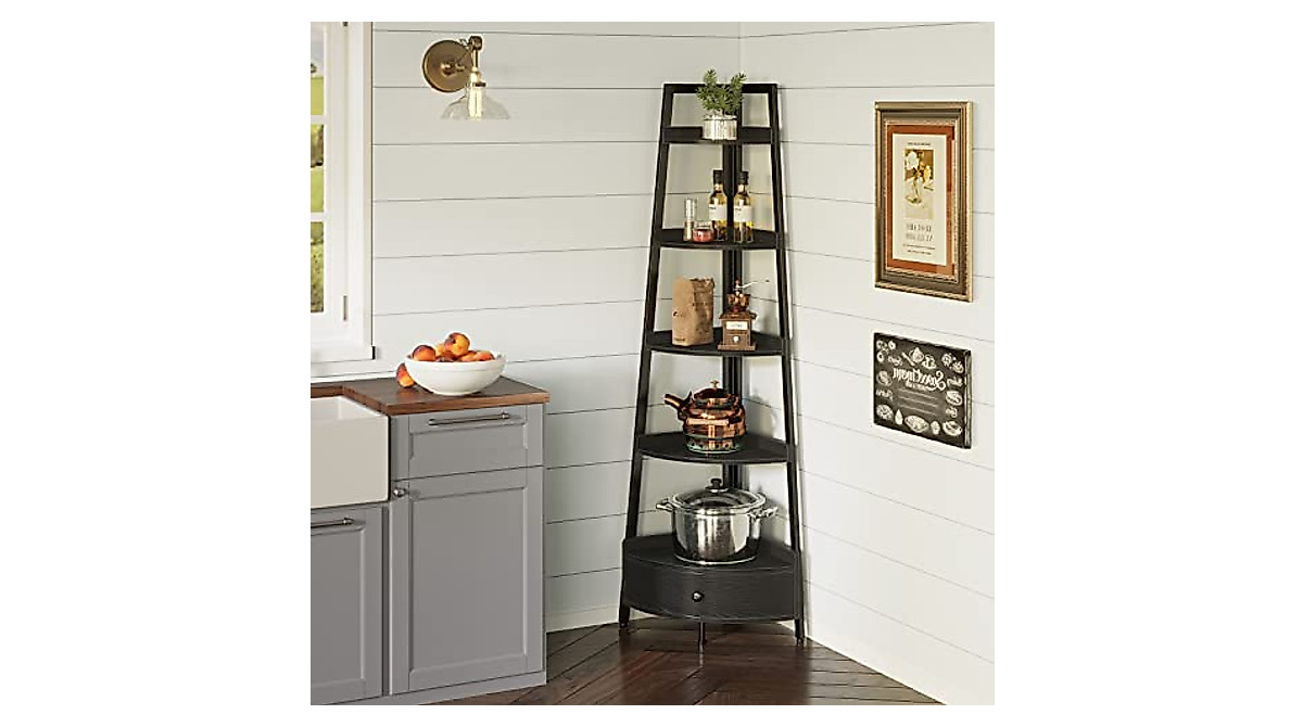 Seventable 5-Tier Corner Shelf with Drawer - Black
