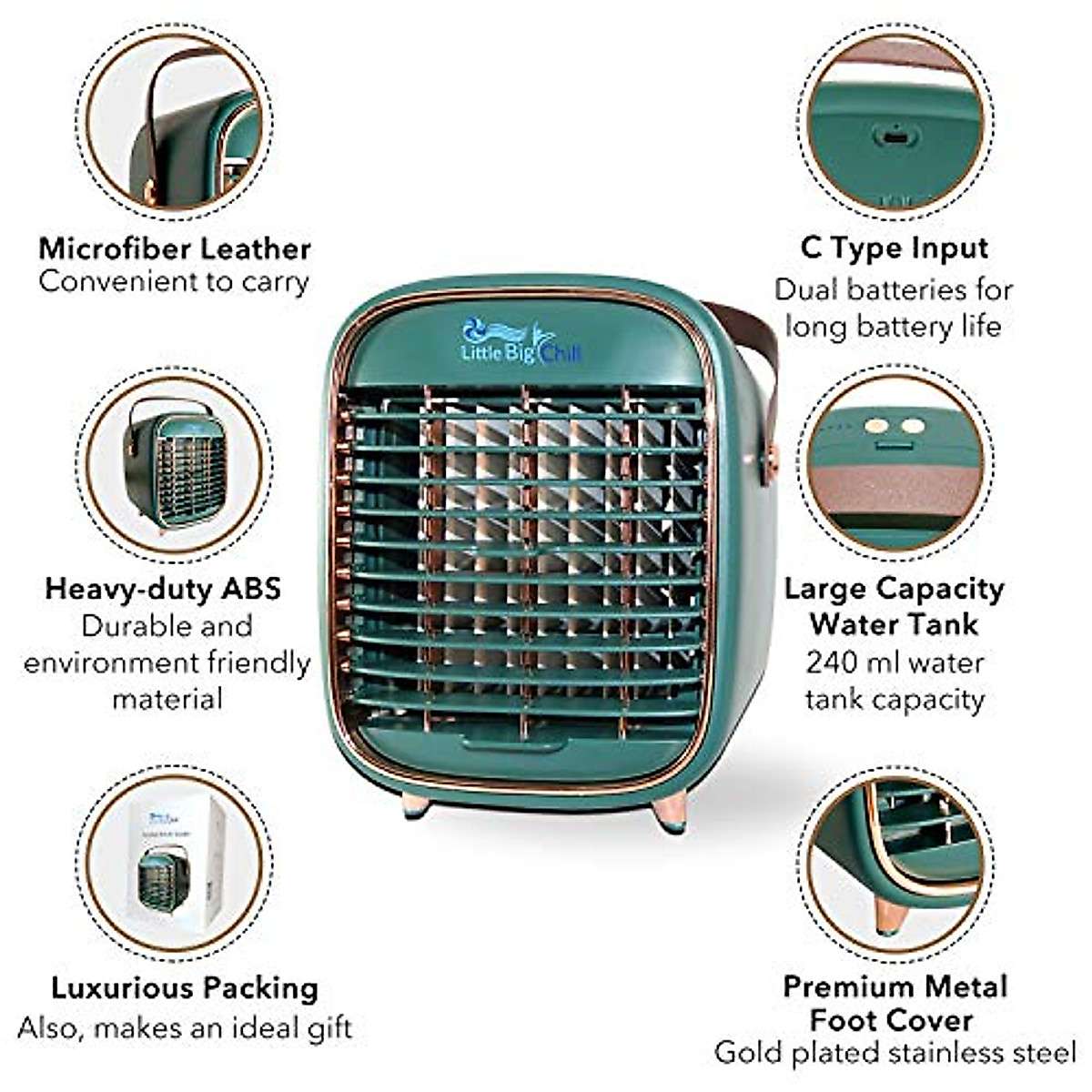 Little Big Chill Portable Personal Air Conditioner Fan,Rechargeable Cordless Mini Air Cooler/Humidifier Designed for Home,Office,Bedroom and Car.Ideal for Camping,Tailgating,The Beach,Green