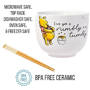 Silver Buffalo Disney Winnie the Pooh Rumbly in My Tumbly Ceramic Ramen Noodle Rice Bowl with Chopsticks, Microwave Safe, 20 Ounces