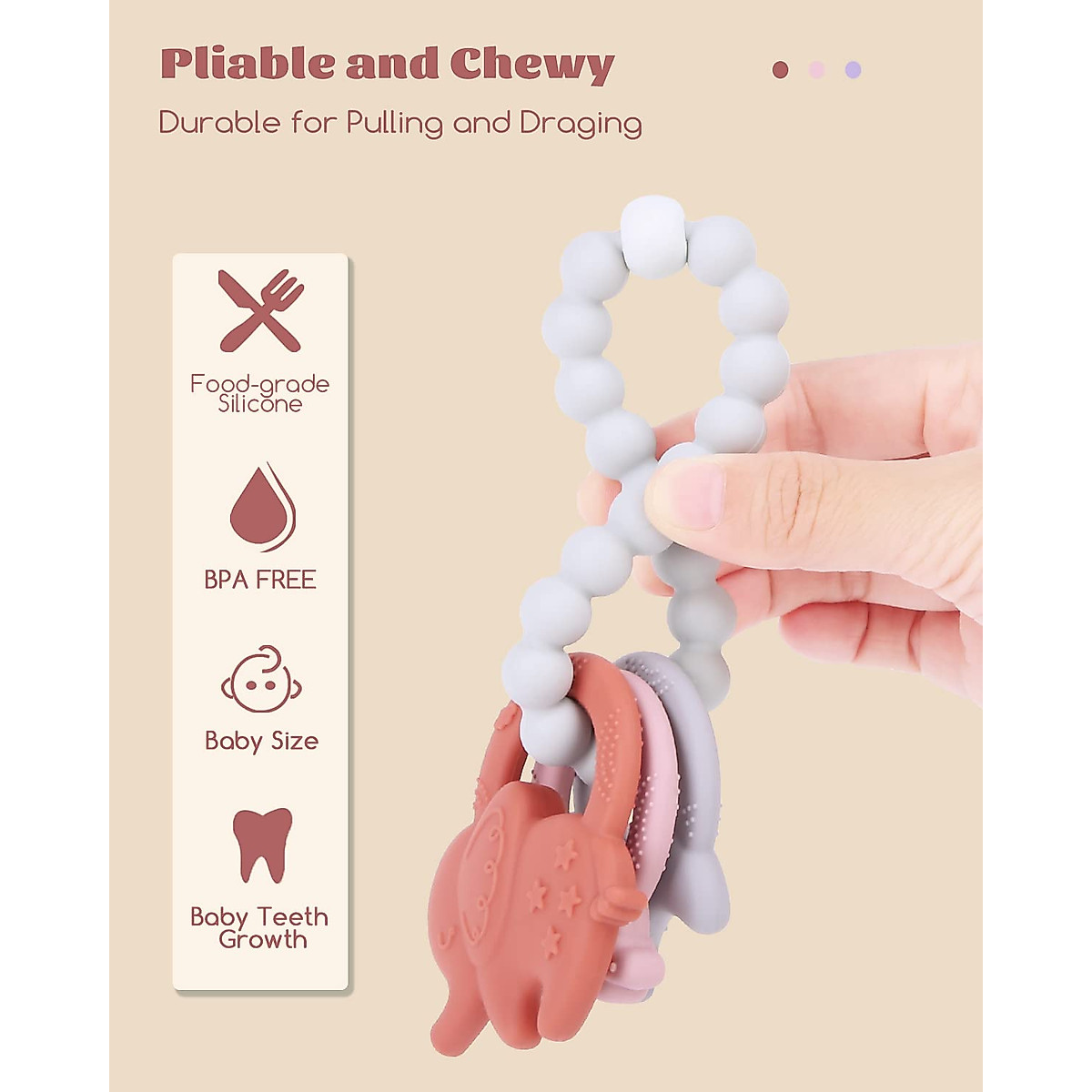 Teething Rings for Babies 0-6 6-12 Months Front and Molar Teething Relief Wearable Teether Bracelet Infant Toddler Chew Toys Ease of Grabbing, Elephant Rainbow Moon Shape, Baby Girl Gifts, BPA Free