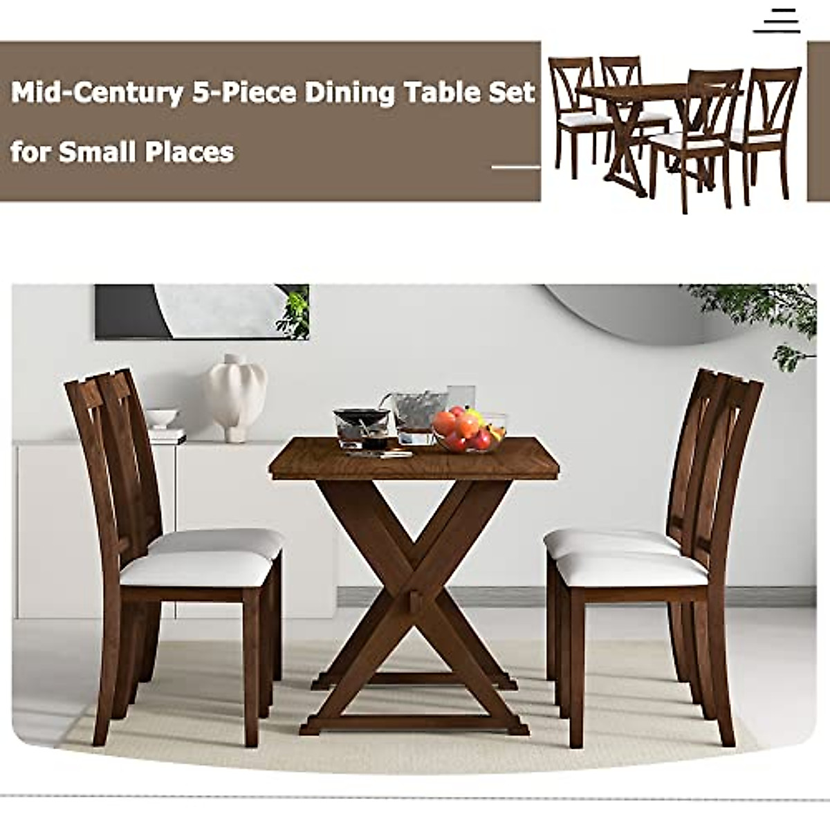 Harper & Bright Designs 5 Piece Dining Table Set, Wood Rectangular Dining Table and 4 Upholstered Chairs, Mid-Century Kitchen Dining Room Table Chairs Set for 4 Persons (Antique Brown)