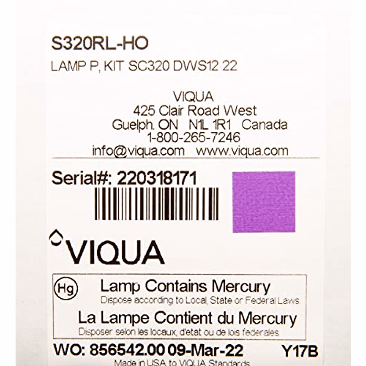 Viqua S320RL-HO UV Lamp