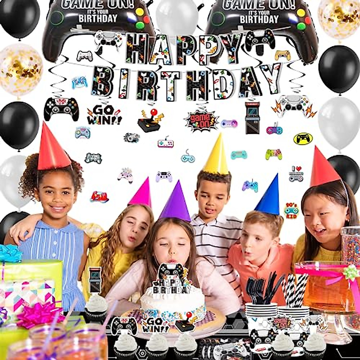 Gamer Birthday Party Decoration - 275Pcs Black White Video Game Gaming Party Supplies For Boys Birthday Party - Table Cover, Plates, Cups, Napkins, Utensils, Hanging Swirls, Birthday Banner, Cupcake Topper, Cake Topper, Stickers, Bracelets & Balloons Serv