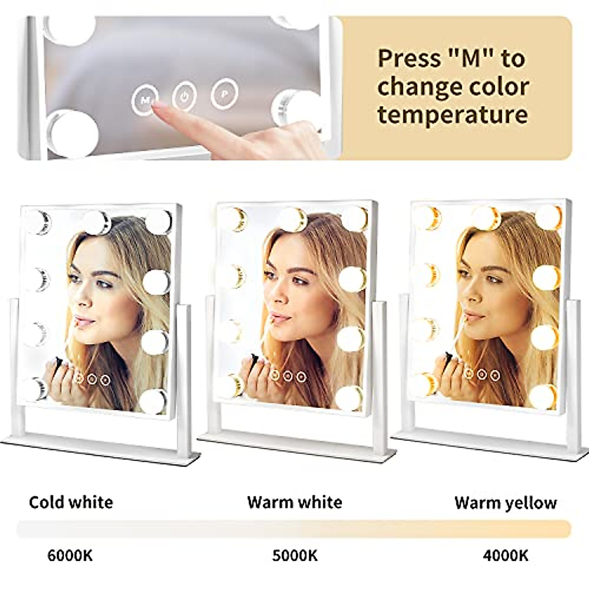 NUSVAN Vanity Mirror with Lights,Makeup Mirror with Lights,3 Color Lighting Modes Detachable 10X Magnification Mirror Touch Control,360°Rotation