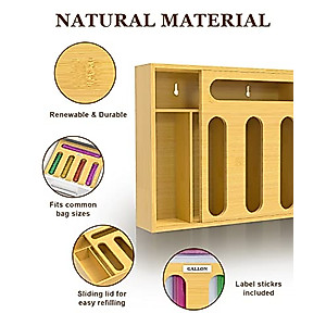 VenDotbi Bag Storage Organizer, Bamboo baggie organizer with Slider, Suitable for Kitchens and Countertop to Storage Gallon, Quart, Sandwich & Snack Bags and other Size Bag Organizer-Natural