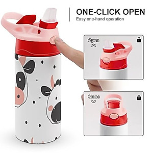 Stainless Steel Water Bottles Cartoon Cow Print Travel Water Cups with Handle And Silicone Straw Drinking Cup with Leak Proof Lid Thermo Travel Mug for Women Men