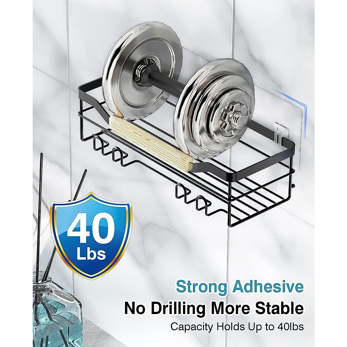 TJ.MOREE Shower Caddy 4 Pack, Adhesive Black Bathroom Shelves with 2 Soap Holders, Farmhouse Bathroom Decor, No Drilling Rustproof Shower Rack Organizer for Bathroom & Kitchen, RV, Apartment, Dorm