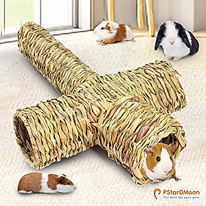 PStarDMoon Hamster Grass Tunnel Toy with Balls Nature's Hideaway Straw House with 4 Open Entrance Guinea Pig Tunnels and Tubes Toys for Rats,Syrian Gerbil,Ferrets,Little Rabbit (Style 1)