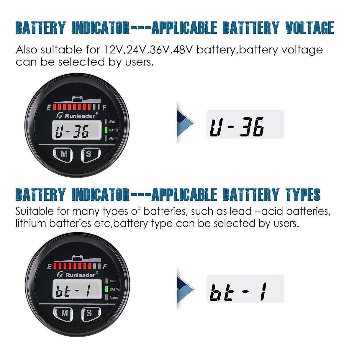 Runleader 12V to 48V Digital LED Battery Capacity Monitor, Hours Volt Meter Gauge - Suitable for Battery Lead-Acid LiFePO4 "Trojian" Gel AGM,Works on Golf Club Forklift Go Kart RV Trailer Stacker.