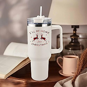 LB LEOBON 40 ounce insulated cup with handle, double-layer vacuum stainless steel material, equipped with straw, can keep warm or maintain cold drinks Reindeer I'll Be Home for Christmas white