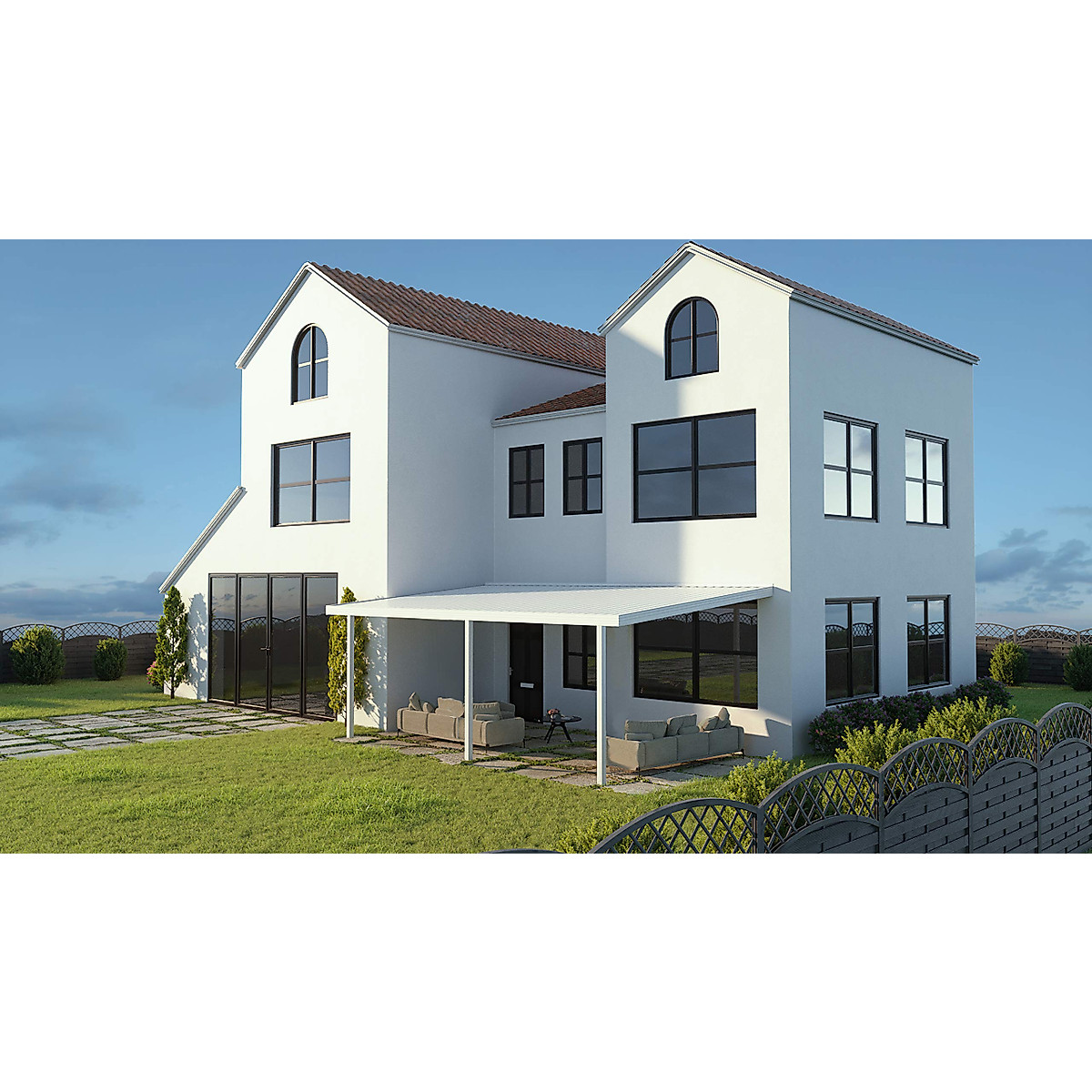 Four Seasons Outdoor Living Solutions Optima Series 20X12ft High-Grade Aluminum Attached Solid Outdoor Patio Cover Awning, 3 Posts, 20 Lb. Snow Load, White