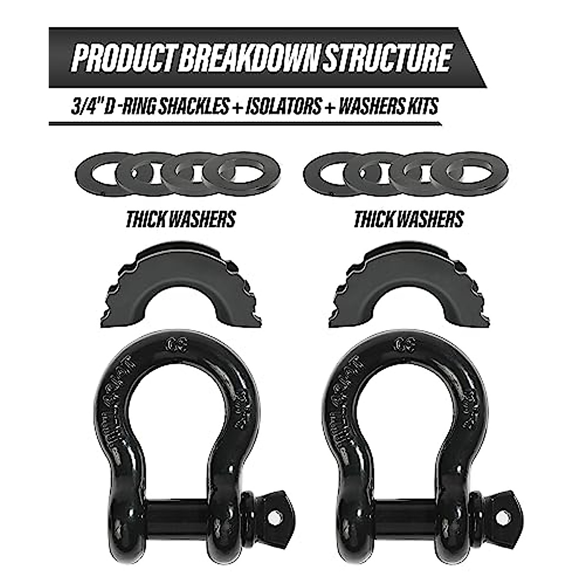 Reswish ESEWALAS 2 Pack 3/4" Shackles,41,887Ibs Break Strength with 7/8" Screw Pin and Shackle Isolator Washers Kit,Offroad Towing Accessories,Heavy Duty D Ring Shackle (Black)