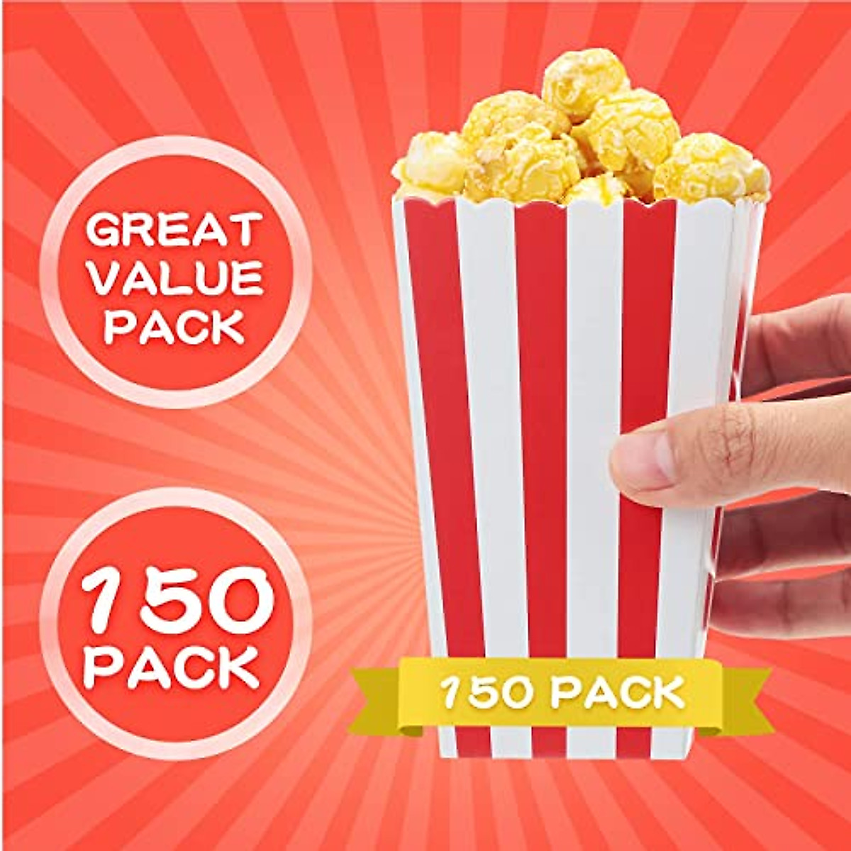 Potchen Pcs Popcorn Boxes Paper Popcorn Bags Bulk 4.57 Inch Tall,Cardboard Popcorn Cups Container Buckets for Movie Theater Carnival Birthday Party Supplies Candy Snacks Chips Holders (Stripes Style)