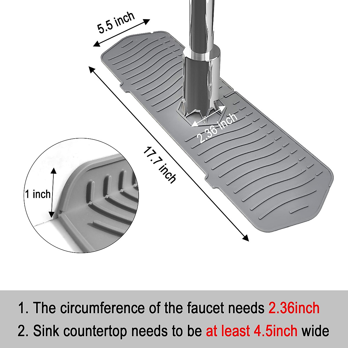 Kitchen Sink Splash Guard Behind Faucet, Longer Faucet Water Catcher Mat for Countertop, Drip Catcher Tray, Non-Slip Sink Protector, Grey