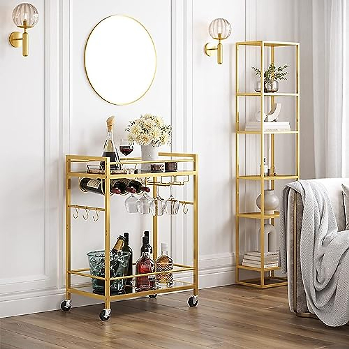 VLOBAOM Serving Cart for Home, Bar Cart with Lockable Wheels, Wine Rack and Glass Holder, Mobile Liquor Cabinet Storage Shelf,24''Dx13''Wx33''H,Gold