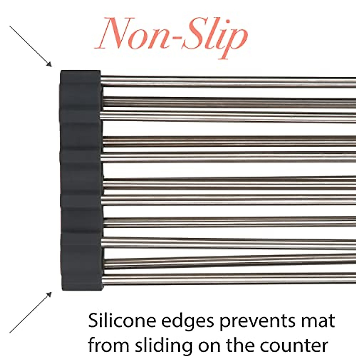 Kitchen Details Over The Sink Drying Rack | Roll Up Dish Mat | Easy Storage | Stainless Steel | Non-Slip Silicone | Drain Tray | BPA Free | Food Safe | Space Saving | Grey