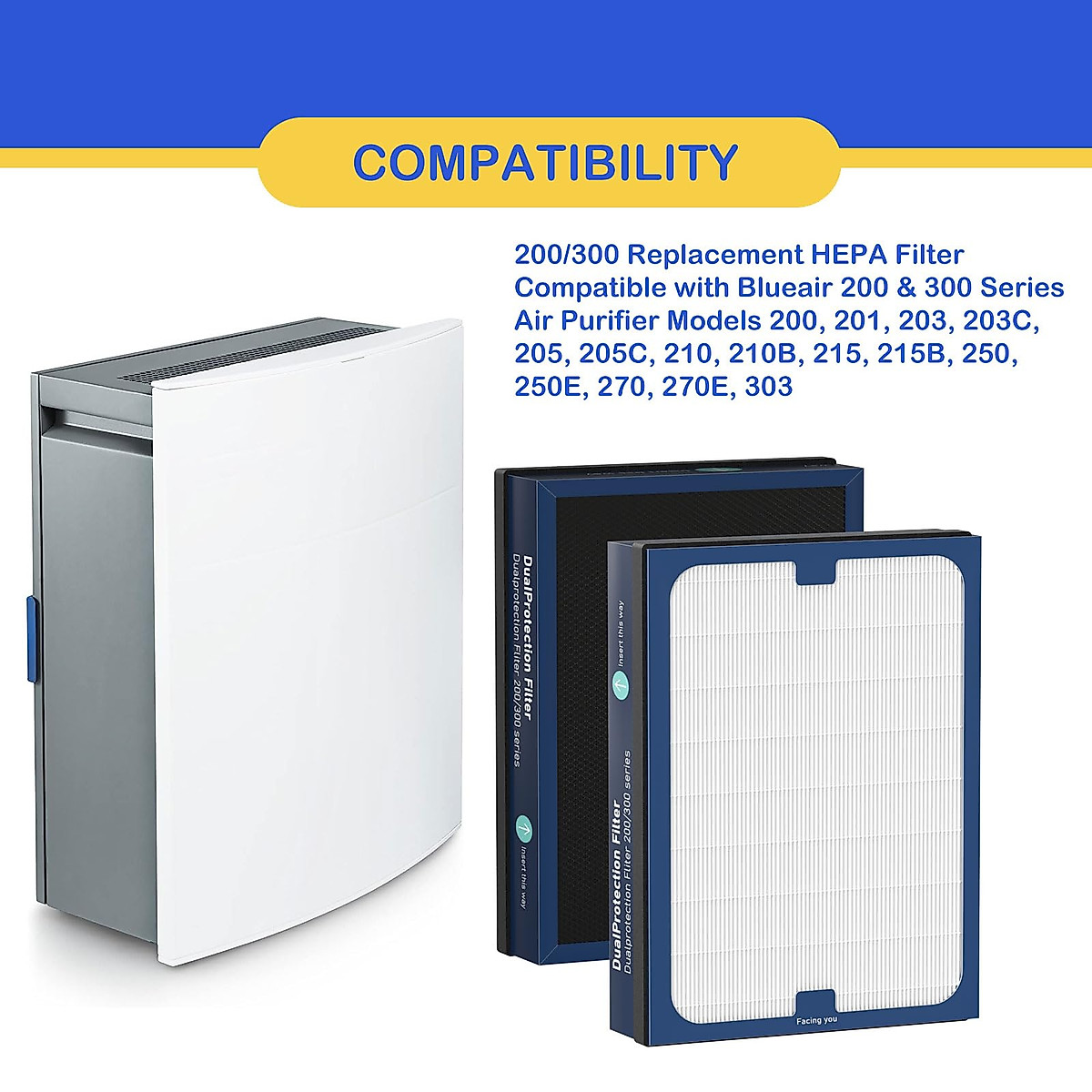 Classic 200/300 Series DualProtection Filter Replacement Compatible with Blueair 200/300 Series, for200, 201, 203, 205, 210, 215, 250, 270, 280i, 303 Models, True HEPA with Activated Carbon, 2 Pack