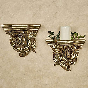 Rose Floral Blooming Decorative Wall Shelves Set 11.5" Wx5 Dx10 H. Gold Set of 2