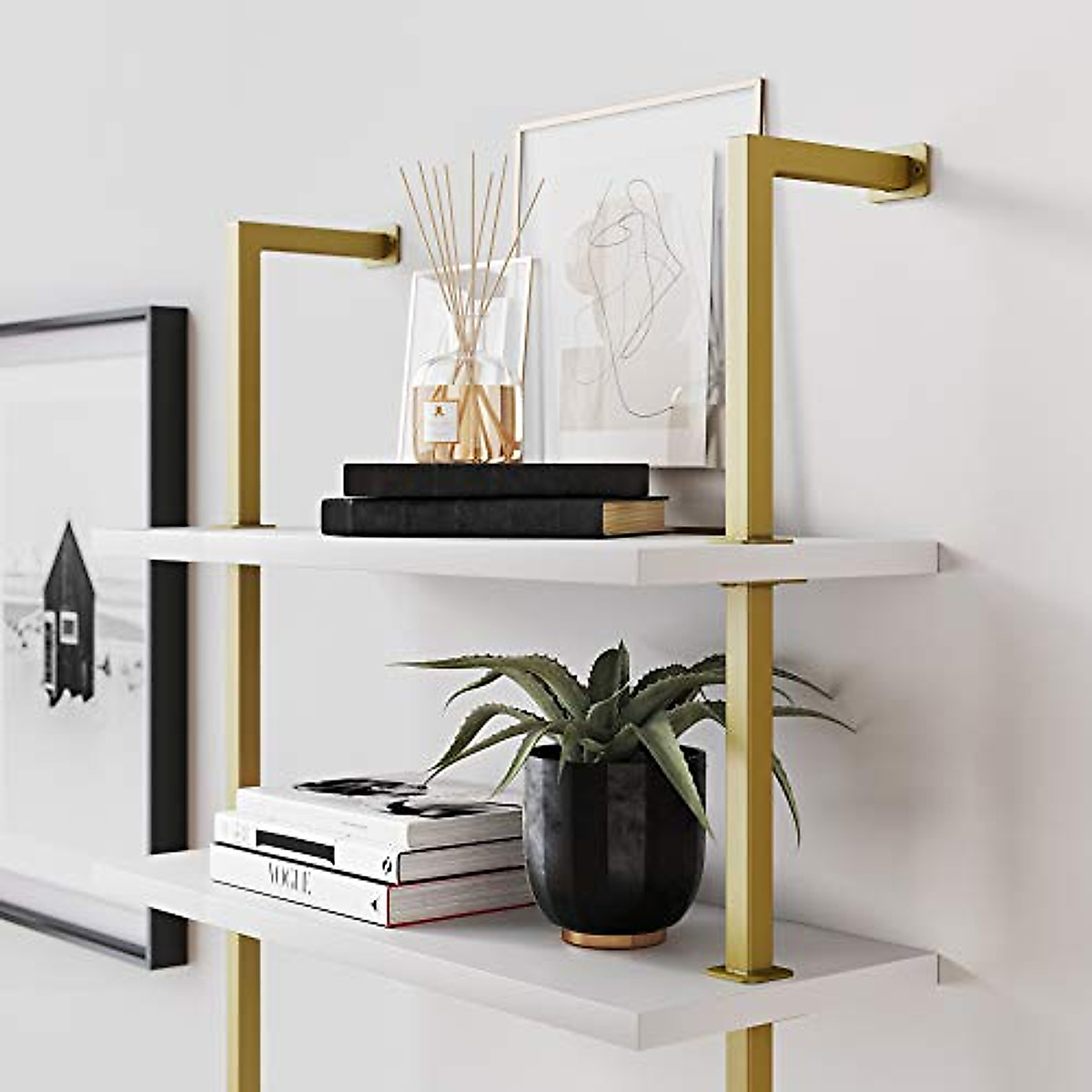 Nathan James Theo 2-Shelf Industrial Wall Mount Ladder Small Computer or Writing Desk, White/Gold Brass