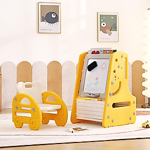 Tiita Kids Art Easel with Stool, 3 in 1 Double-Sided Magnetic Dry Erase Board and Kids Book Rack with Foldable Desktop, Standing Easel with Bottom Storage Shelf, Yellow