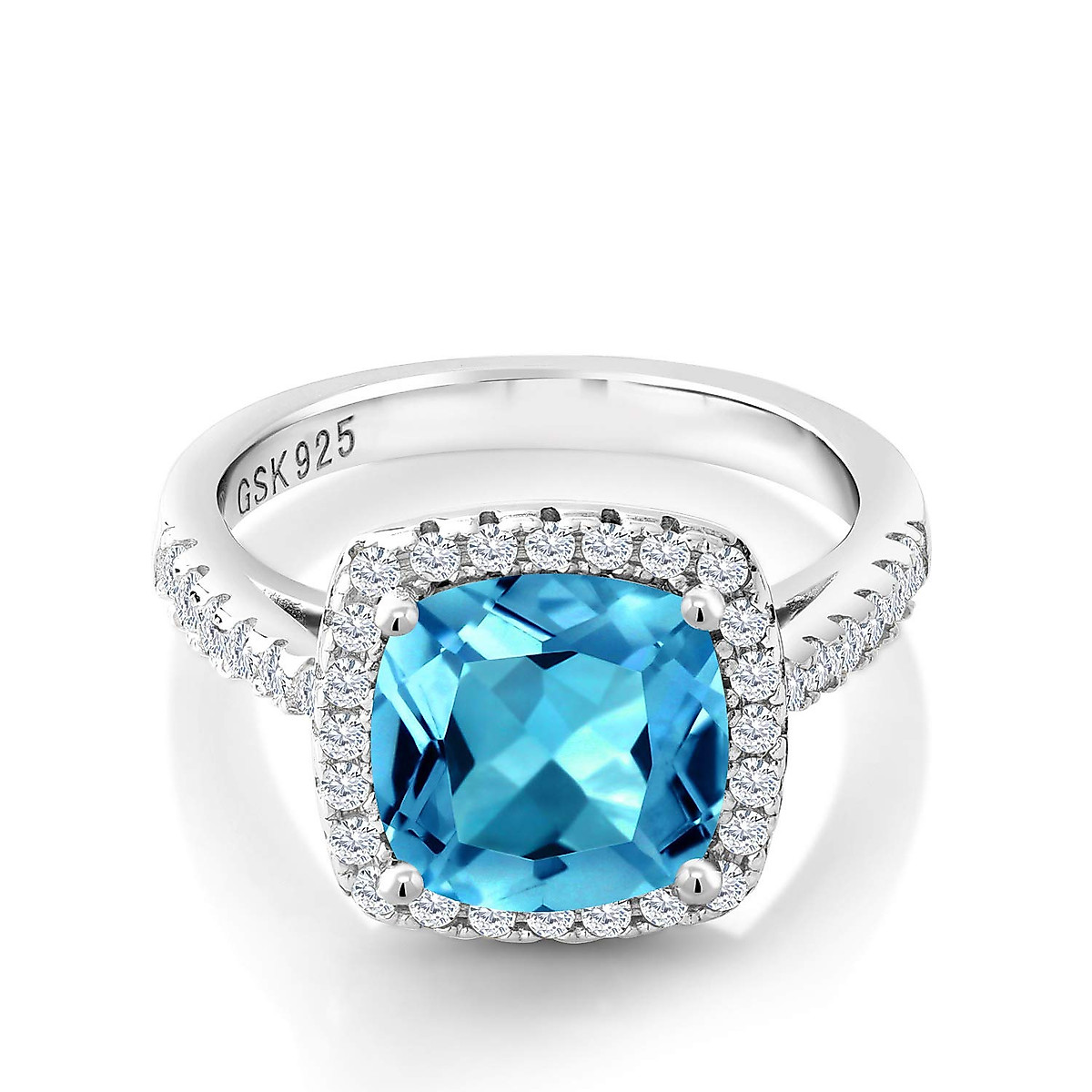 Gem Stone King 925 Sterling Silver Swiss Blue Topaz and White Created Sapphire Engagement Ring For Women (2.80 Cttw, Cushion Cut 8MM, Available in size 5, 6, 7, 8, 9)