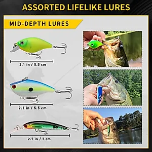 GOTOUR Fishing Lures Accessories Kit with Tackle Box, Fishing Hooks Minnow Crankbait Frog Popper Lure Worm Fishing Spoon Spinner Bait for Bass Crappie, Fishing Gear Freshwater Equipment Gifts for Men