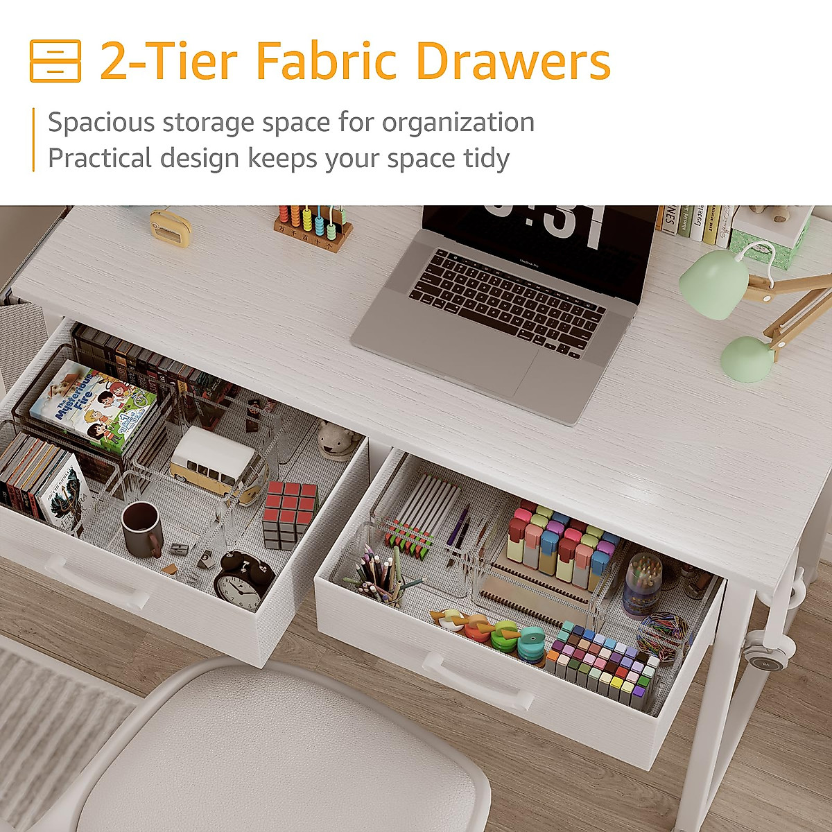 DLisiting White Small Desk with Fabric Drawers - 32 Inch Vanity Desk with Storage Drawer and Bag for Bedroom, Study Writing Table for Small Spaces, White