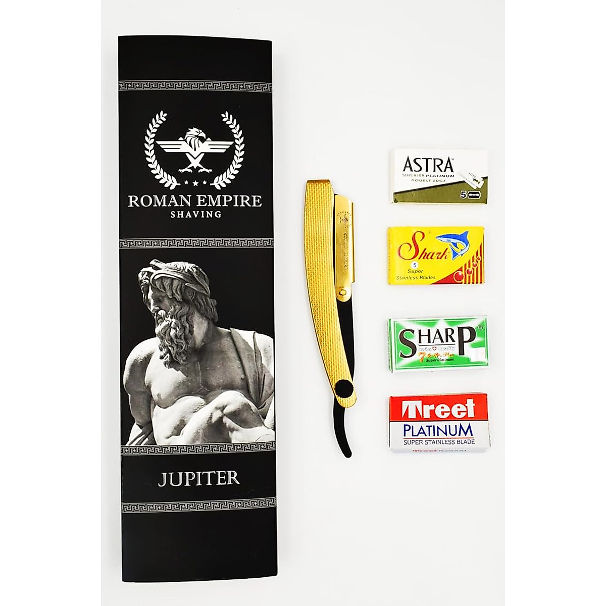 ROMAN EMPIRE SHAVING Jupiter New Straight Razor for Professional Barber with 20 Blades Sampler (Astra-Sharp-Shark-Treet)