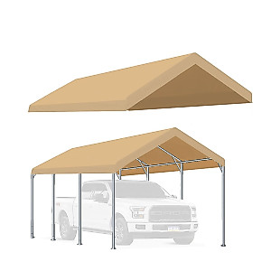 Rutile 10'x20' Carport Canopy ONLY Tent Garage Replacement Top Tarp Car Shelter Cover w/Ball Bungees Beige (Only Top Cover, Frame is not Included)