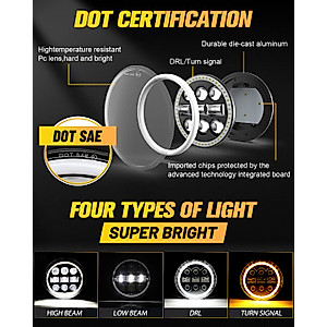 5.75" Motorcycle LED Headlights with Projector Hi/Lo Beam+ Amber/White DRL, Halo Ring, 5 3/4 Inch LED Sealed Beam Round Lights DOT Approved(2PCS)