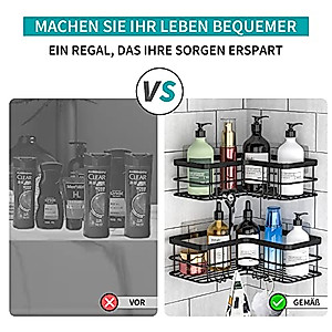 Yazoni Corner Shower Caddy, Adhesive Shower Shelves No Drilling [2-Pack], Rustproof Stainless Steel Bathroom Shower Organizer Wall Mounted with 8 Hooks and 6 Adhesives (Black)
