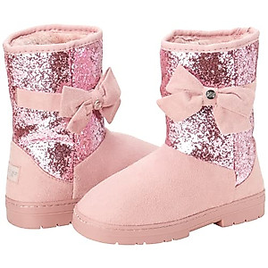 bebe Girls Winter Micro Suede Boots with Rhinestone Embellished Logo & Bow, Blush Glitter, Size 2 Little Kid