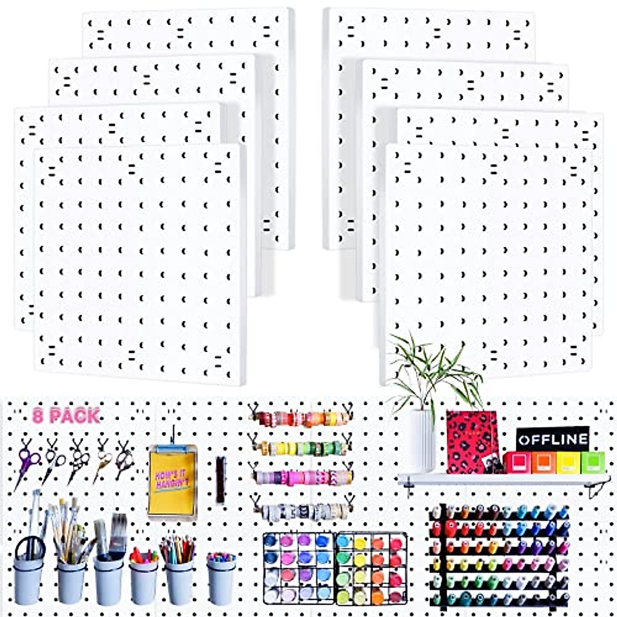 8 Pack Pegboard, Peg Boards, Peg Boards for Walls, Pegboard Wall Organizer, Small Pegboard 10" x 10", Pegboard Plastic Panels for Craft Room, Organizer, Storage, Workbench, Study Room