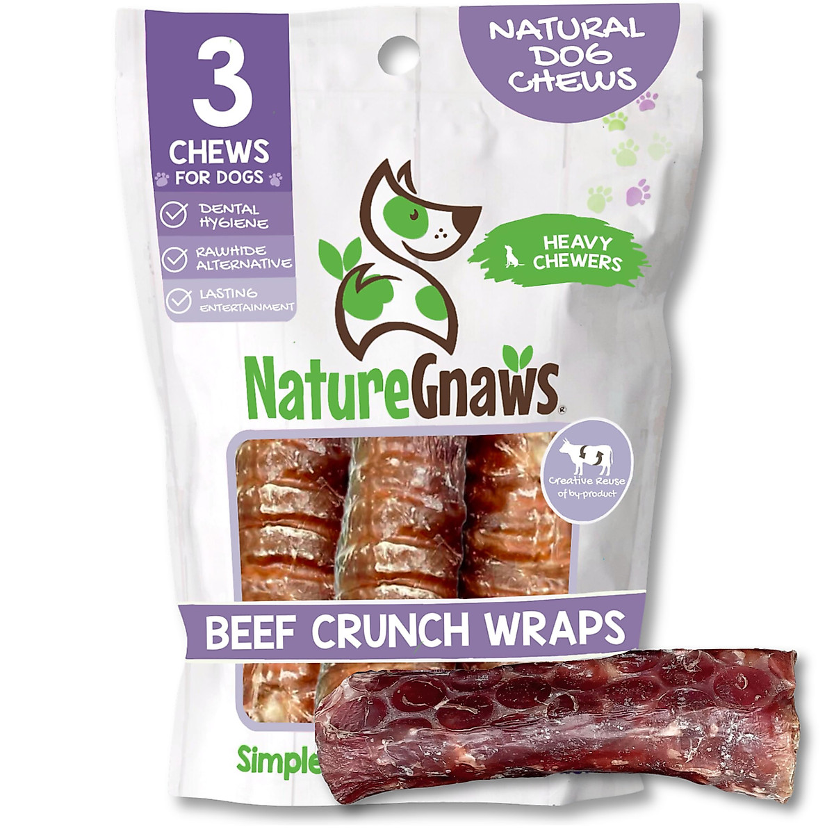 Nature Gnaws Beef Trachea Crunch Wraps for Dogs (3 Count) - Long Lasting Natural Beef Jerky Dog Chew Bones - Rawhide Free