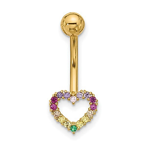 14k Gold 14 Gauge Polished Rainbow CZ Cubic Zirconia Simulated Diamond Love Heart Belly Navel Ring Measures 23.5mm Long Jewelry for Women