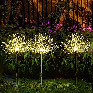 Upgrated 3 Pack Solar Garden Path Lights with Remote, 120 LED Solar Firework String Lights Outdoor, 8 Modes Landscape Stake Lights for Walkway Backyard Patio Christmas Wedding Party (Warm White)
