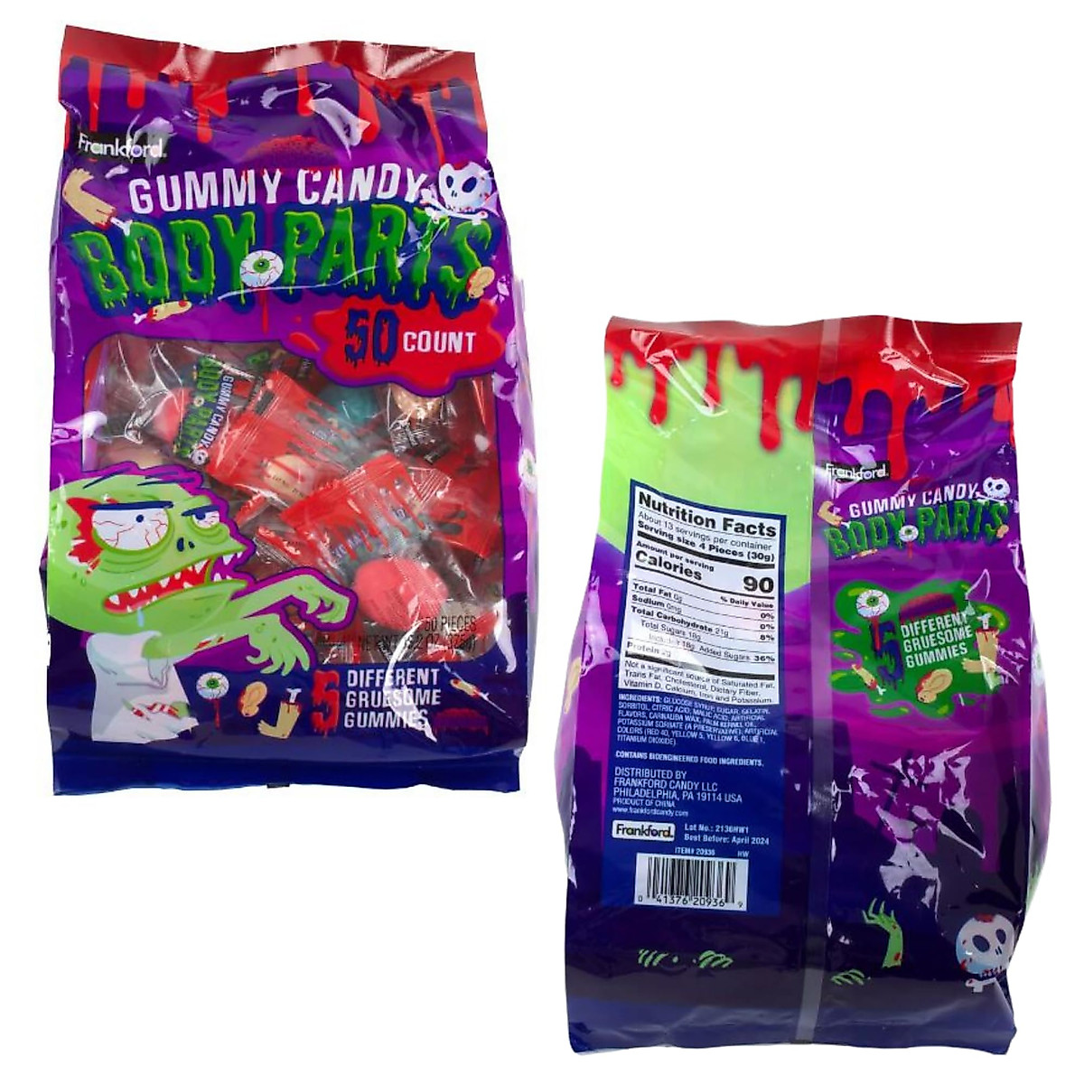 Gummy Candy Pack by Zombibites. Features One-13.2 Oz 50 Ct of Frankford's Body Parts Gummies Candies. Assorted Body Parts Candy for Halloween Gummies Candy. And a Free Zombibites Fridge Magnet!