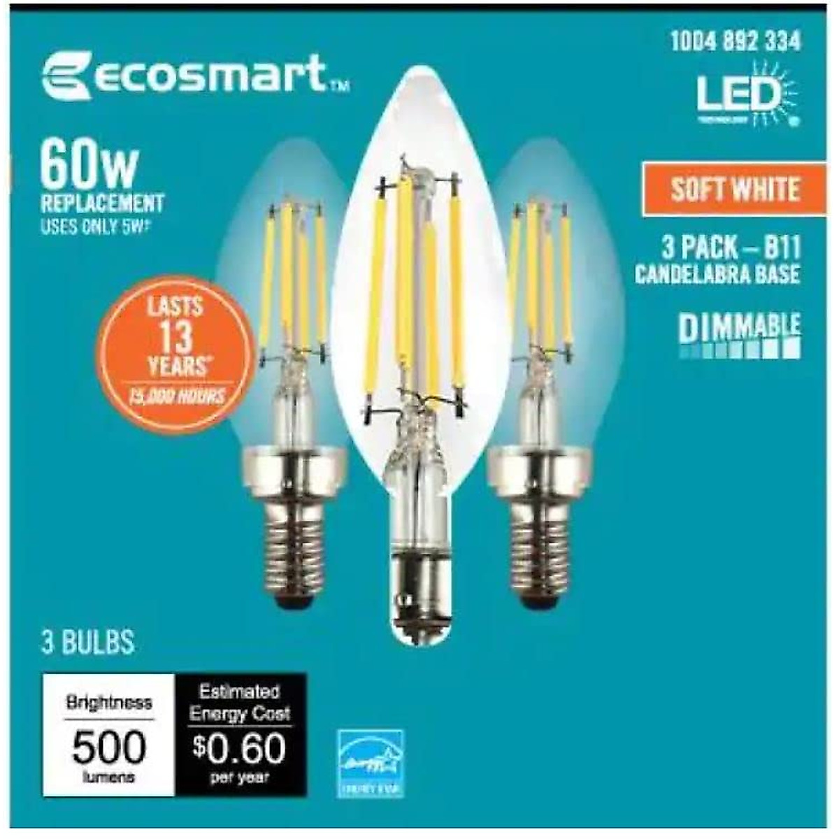 EcoSmart Bulbs 60-Watt Equivalent B11 Dimmable Energy Star Clear Glass Candelabra LED Vintage Edison Light Bulb Soft White (3-Pack)