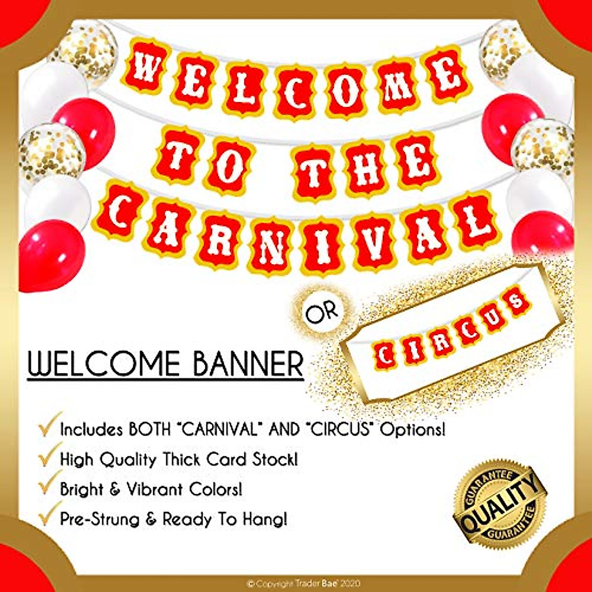 Carnival Circus Party Decorations Supplies Kit | "Welcome To The Carnival" Banner | Carnival Circus Photo Props | Red & White Striped Pennant Banner Flags | 10 White 10 Red & 10 Gold Confetti Balloons