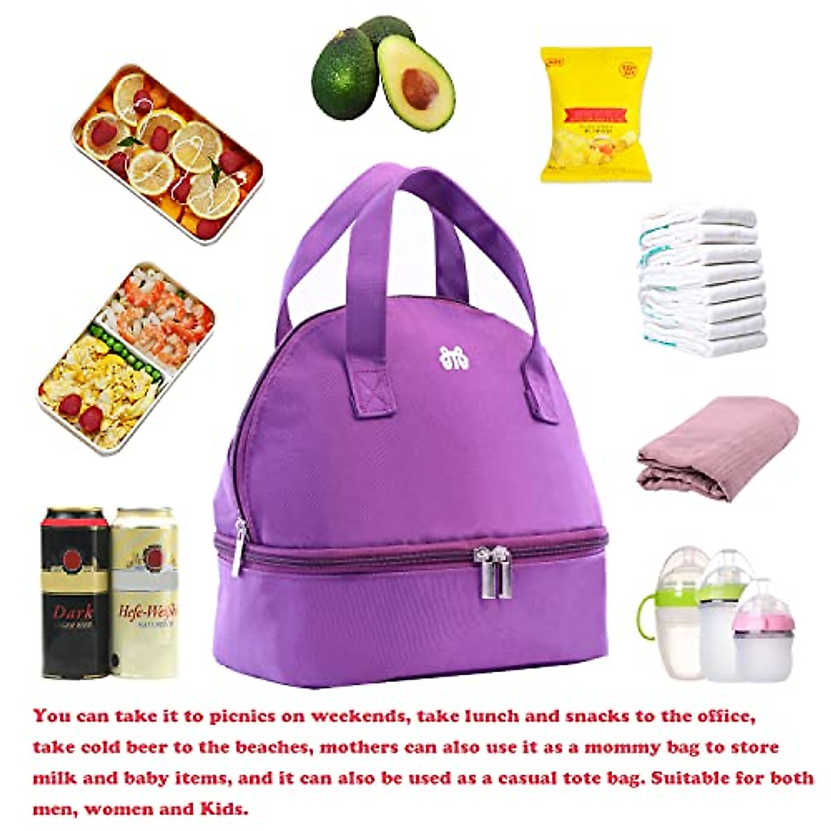 Lovyan Insulated Lunch Bag Double Layer Simple Bento Cooler Bag Waterproof Lunch Handbag for Women Men Adult Picnic Work Hiking Beach (Purple)